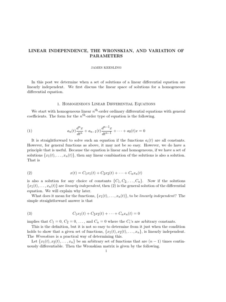 Linear Independence Wronskian | PDF