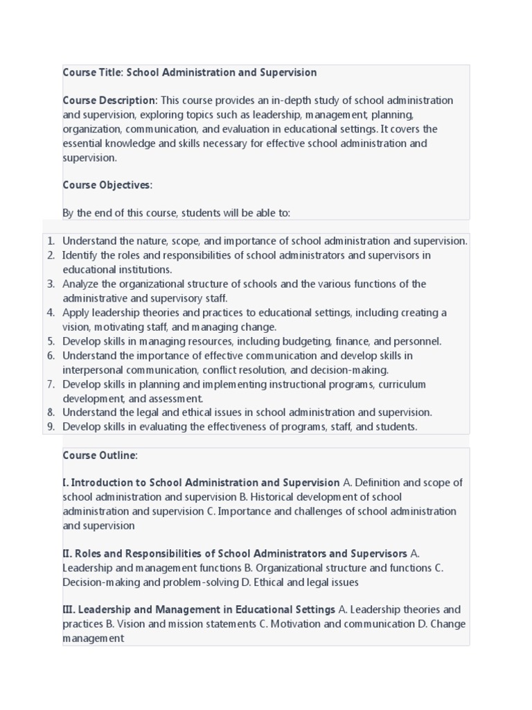 School Administration & Supervision Course | PDF | Leadership | Evaluation