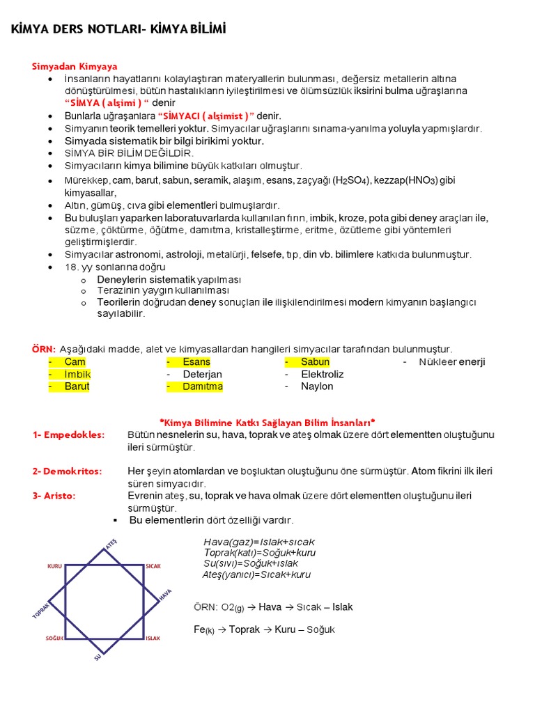 9.SINIF KİMYA 1.ÜNİTE DERS NOTLARI | PDF