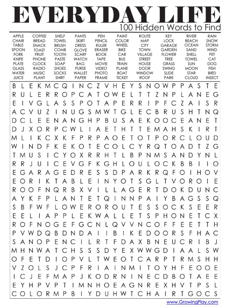 100 Hard Word Search Everyday Life | PDF