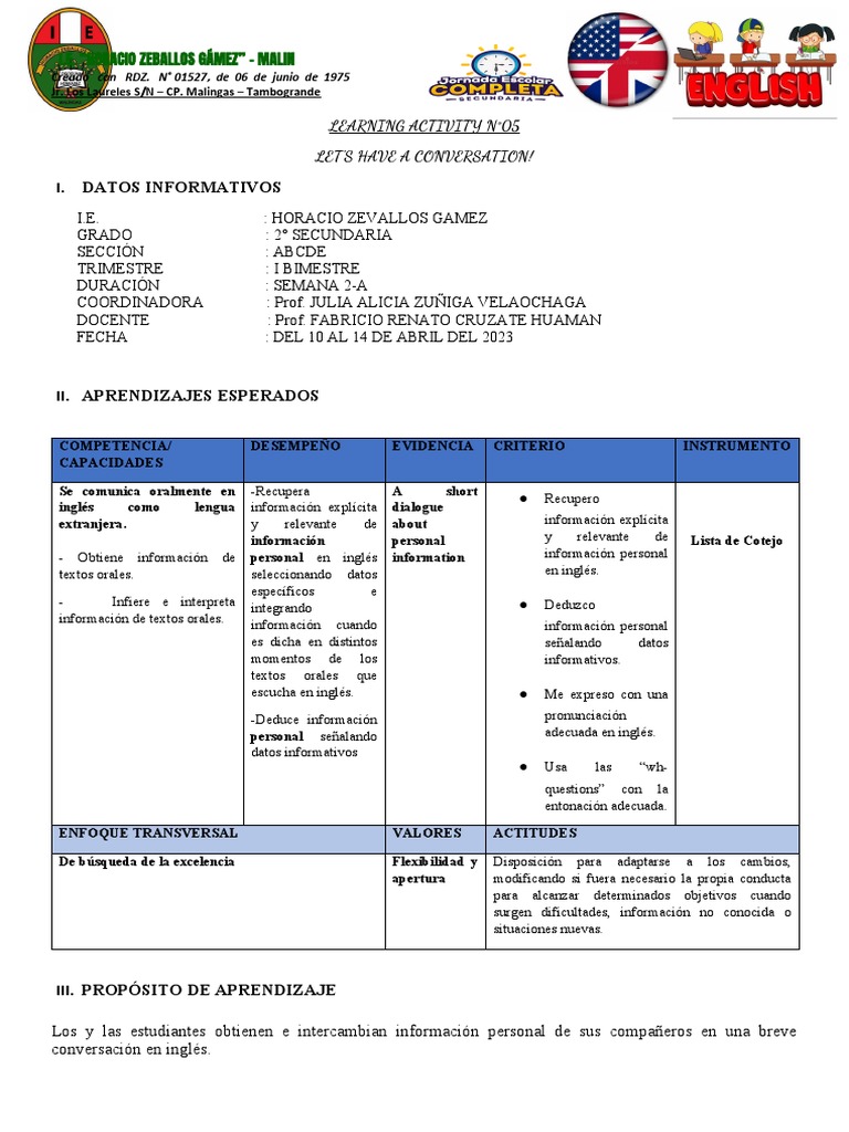 Learning Activity N°5 - Segundo Abcde - Eda 1 | PDF | Ciencia cognitiva | Cognición