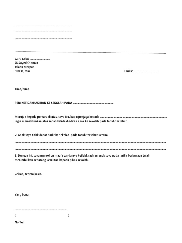 Contoh Surat Tidak Hadir Ke Sekolah | PDF