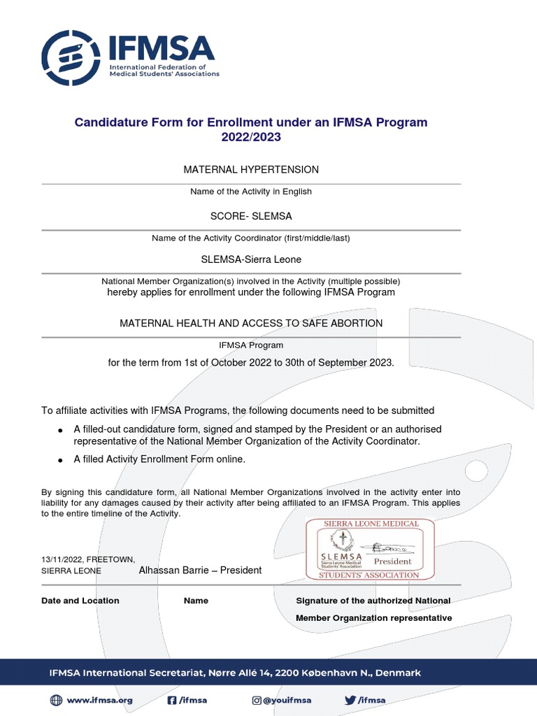 Copy-Candidature Form For Enrollment Under An IFMSA Program 2022 - 2023 ...