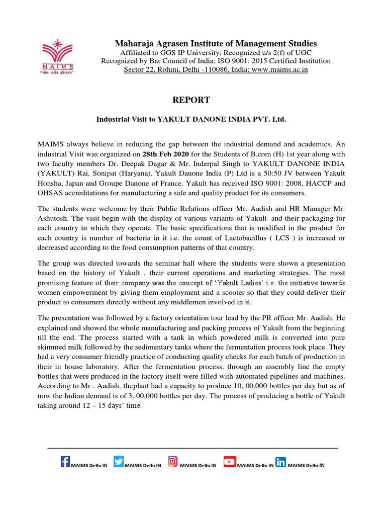 Report Industrial Visit To Yakult Danone India Pvt. Ltd. 1 | PDF ...