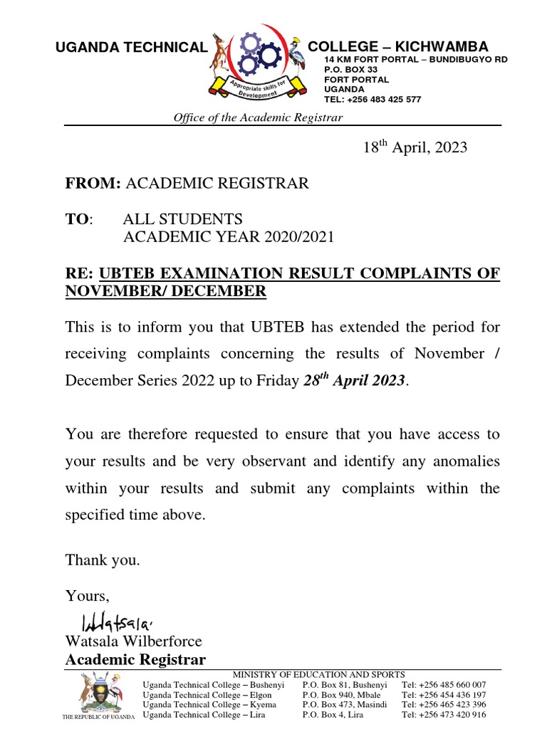 UBTEB Results Complaint Deadline Extended | PDF
