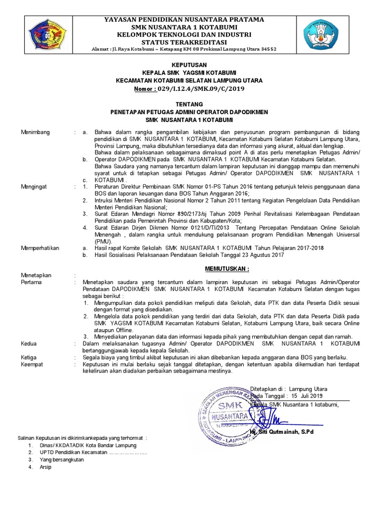 Sk-operator Dapodik Smk Nusantara 1 Kotabumi (Tp.2019-2020) | PDF