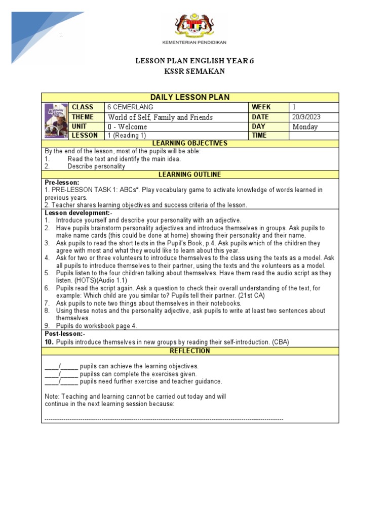 RPH BI THN 6 NEW (1) - Unit 0 (LP 1-5) | PDF | Lesson Plan | Teachers