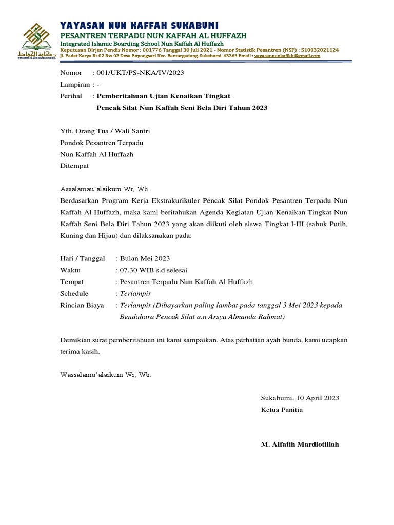 Surat Pemberitahuan Ukt Silat | PDF