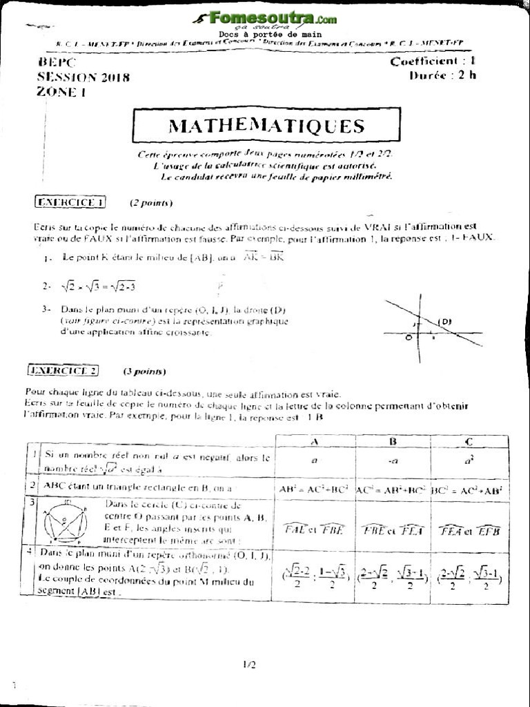 612bac4de01cesujet Corrige Et Bareme de Mathematique Bepc 2018 | PDF