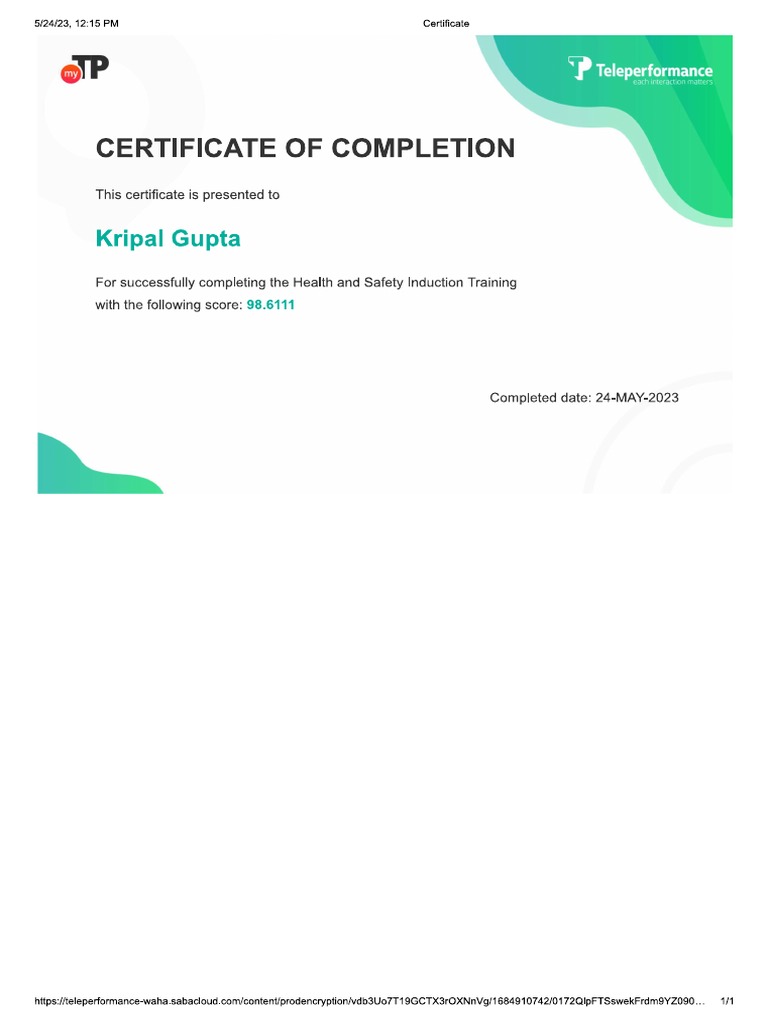 Health and Safety Induction Training - Certificate | PDF