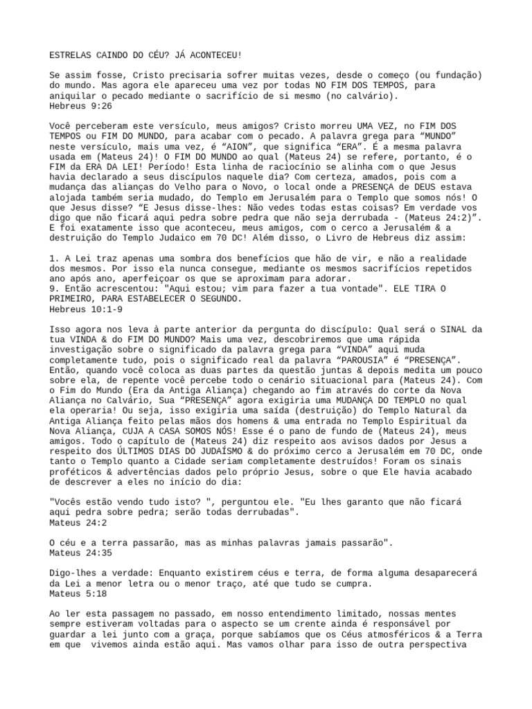 Estrelas Caindo Do Céu Já Aconteceu Pdf Evangelho De Mateus Jesus