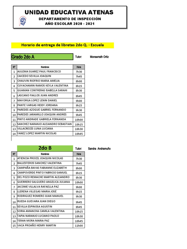 Horario Entrega Informe Aprendizaje FINAL 2do Grado EGB A 3er Curso Bachillerato | PDF | Españoles