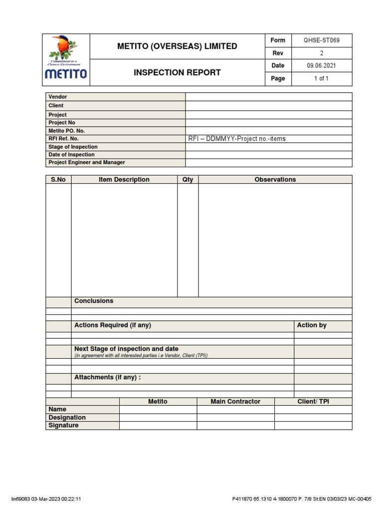 Inspection Report and Leak Test Format | PDF