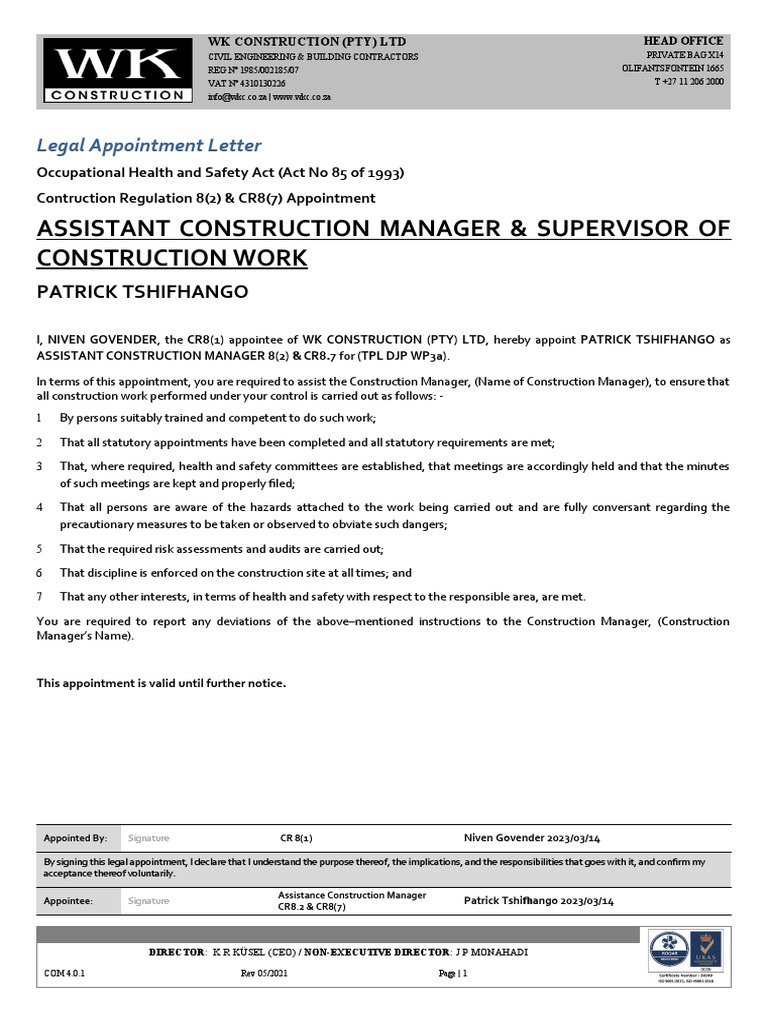 CR 8 (2) & CR8 (7) - Assistant Construction Manager - P Tshifhango | PDF