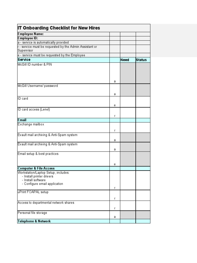 It Services Onboarding Checklist Excel Format Template Download Pdf