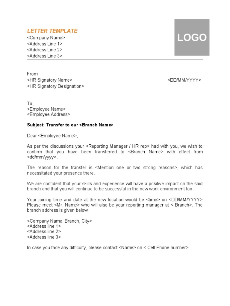 Employee Branch Transfer Letter Template | PDF | Business | Economies