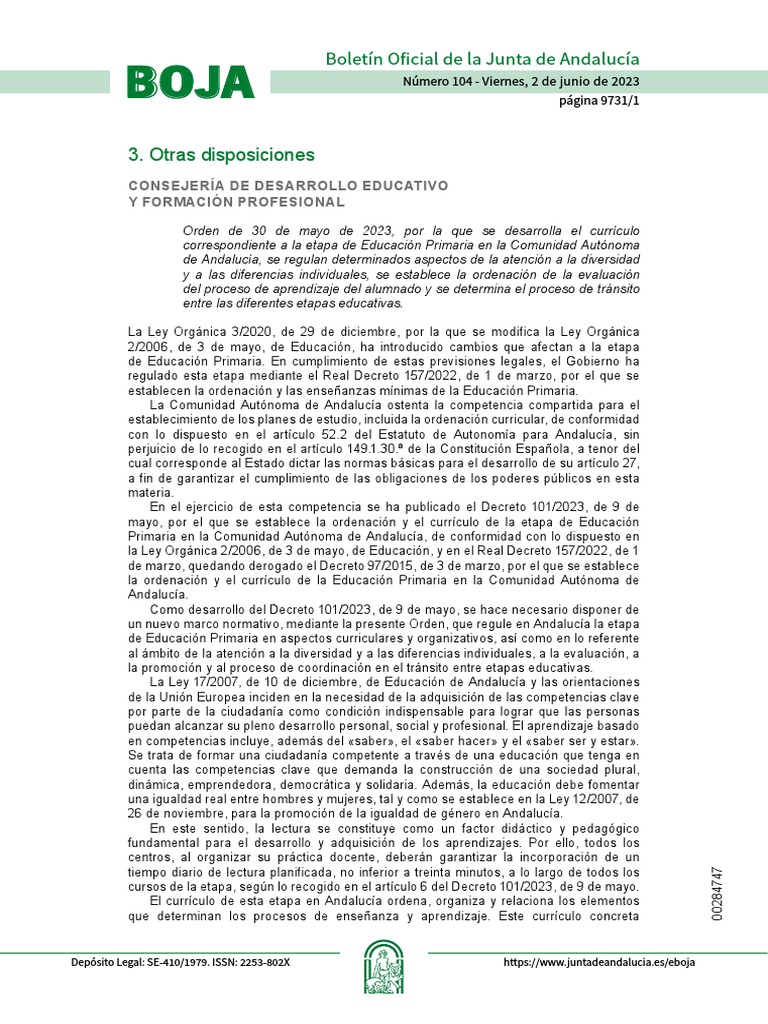 Orden 30 de Mayo de 2023 Curriculum Educación Primaria Andalucía | PDF | Evaluación | Plan de ...