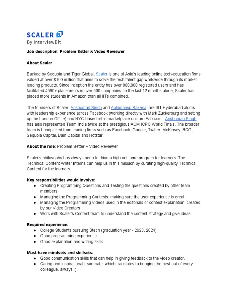 JD - Video Reviewer Intern & Problem Setter | PDF