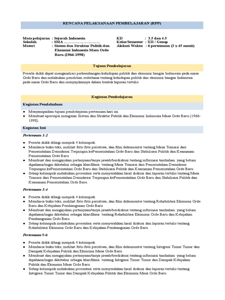 RPP Sistem Dan Struktur Politik Dan Ekonomi Indonesia Masa Orde Baru (1966-1998) | PDF | Sains ...
