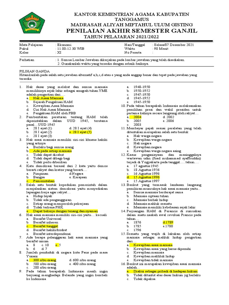 PAS PPKN KELAS XII SEMESTER GANJIL 2022 2023 | PDF