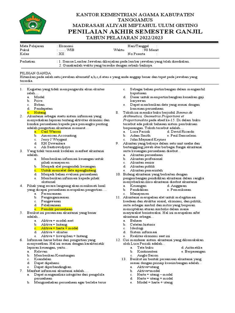 Pas Ekonomi Kelas Xii Semester Ganjil 2021 2022 2223 | PDF | Bisnis | Pengelolaan Keuangan & Uang