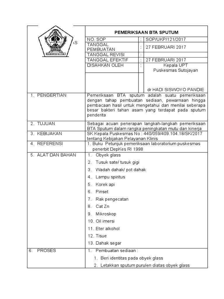 8.1. SOP Pemeriksaan BTA Sputum | PDF | Kesehatan Holistik | Teknologi ...