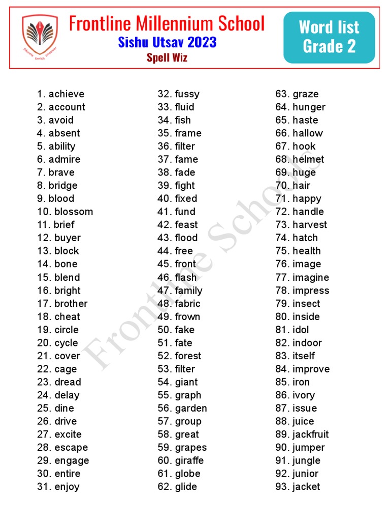 Spell Bee Grade 2 Word List | PDF
