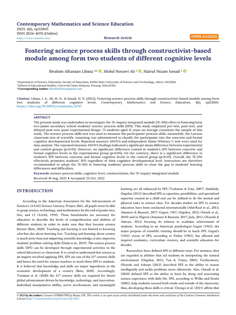 Fostering Science Process Skills Through Constructivist Based Module ...