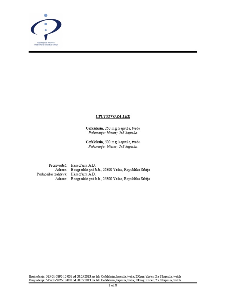 Uputstvo Za Lek: Cefaleksin, 250 MG, Kapsule, Tvrde | PDF