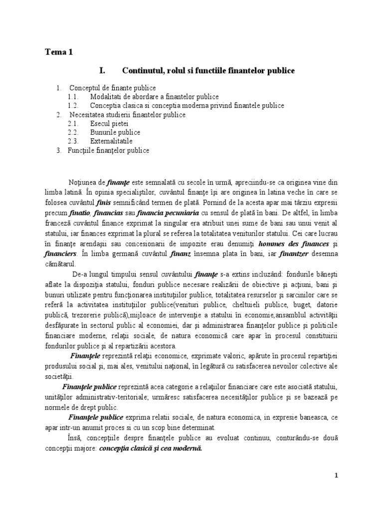 Tema 1- Continutul, rolul si functiile finantelor publice | PDF