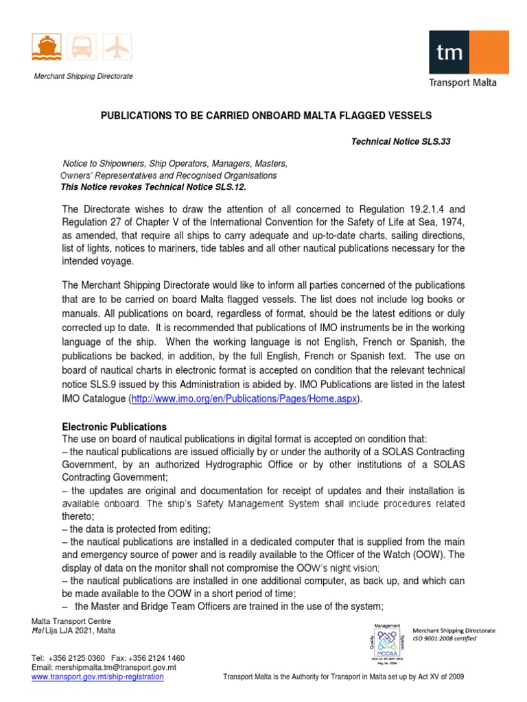Mandatory Publications for Malta Ships | PDF