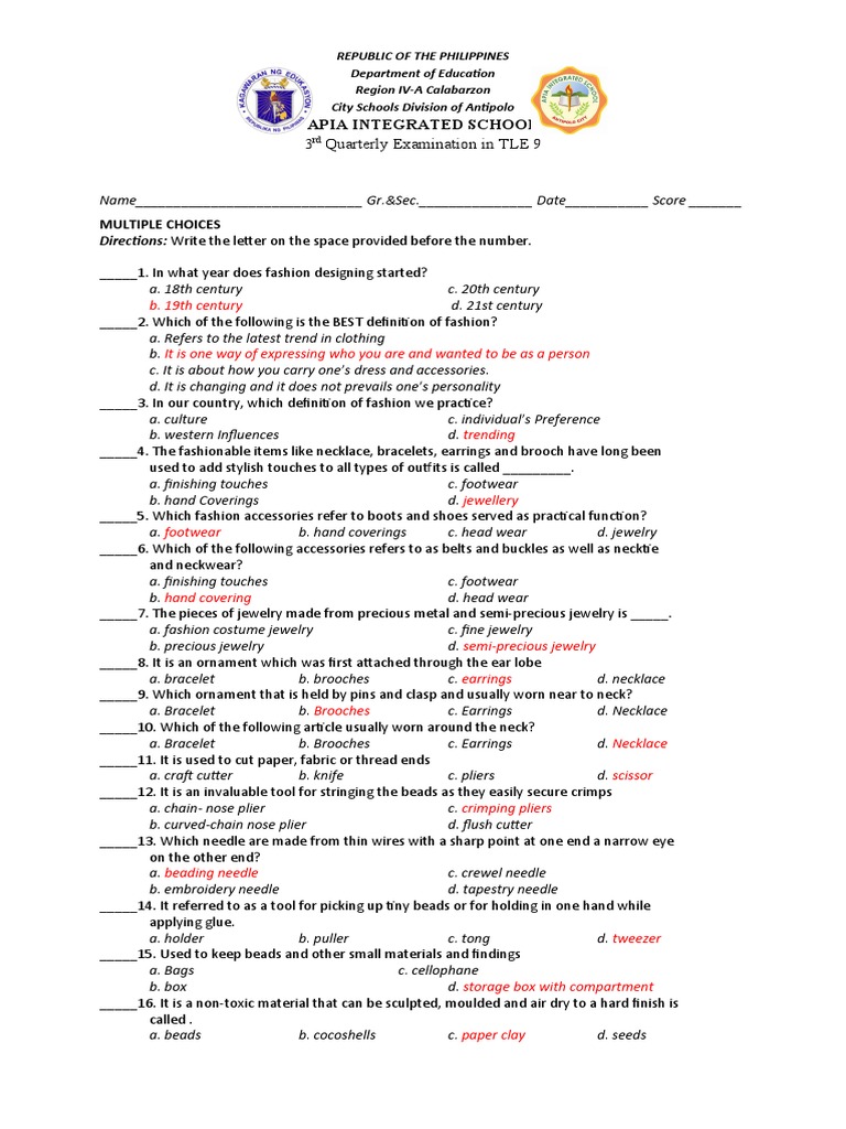 TLE 9 Fashion & Jewelry Exam | PDF