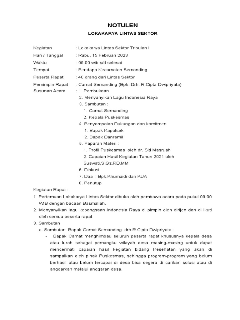 Notulen Lintas Sektor Tribulan I Tahun 2023 | PDF | Ilmu Sosial | Kesehatan Holistik