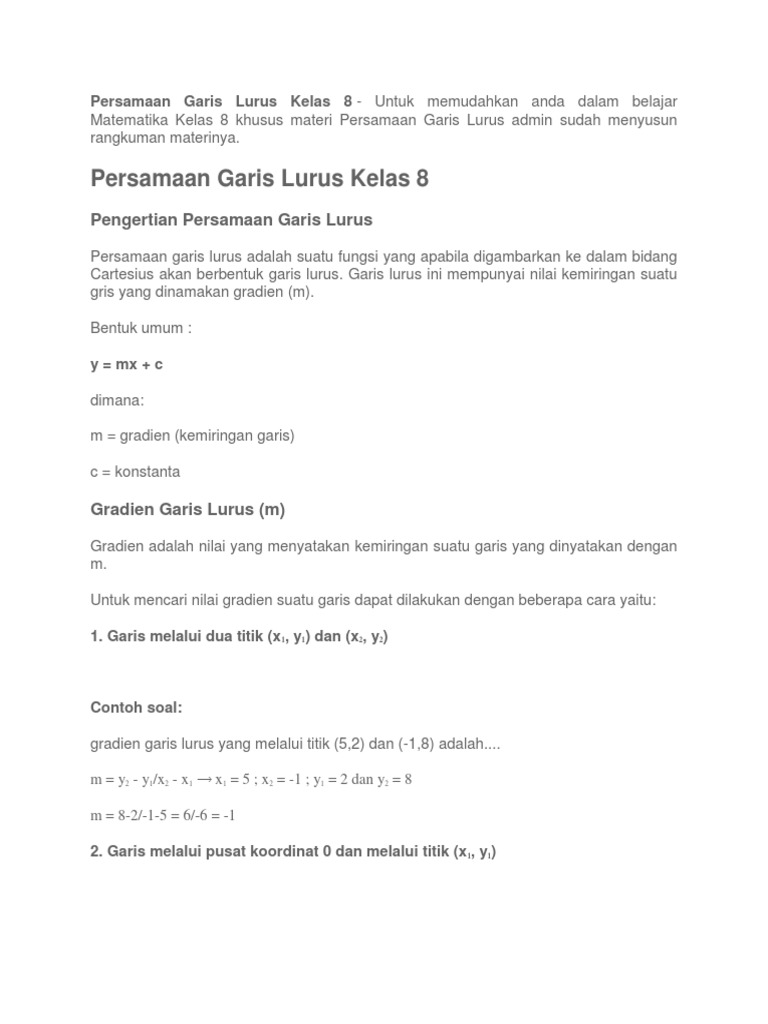 Persamaan Garis Lurus Kelas 8 | PDF