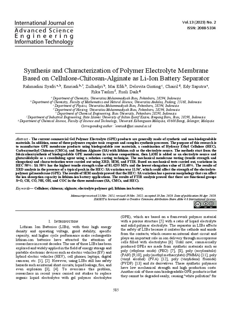 Synthesis and Characterization of Polymer Electrolyte Membrane Based On Cellulose-Chitosan ...