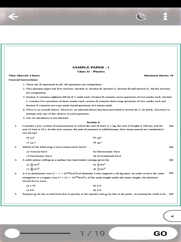 Sample Paper - 1: Class 11-Physics | PDF | Gases | Acceleration