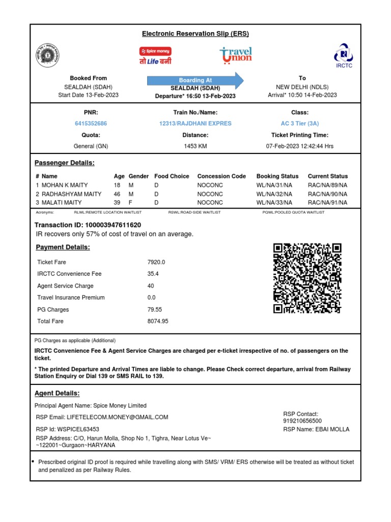 IRCTC E-Ticket - 6415352686 | Download Free PDF | Identity Document