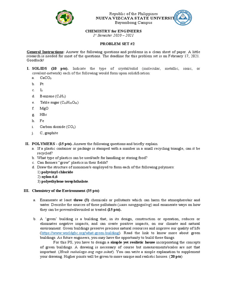 CHEMISTRY For ENGINEERS - PROB SET 2 | PDF | Plastic | Recycling