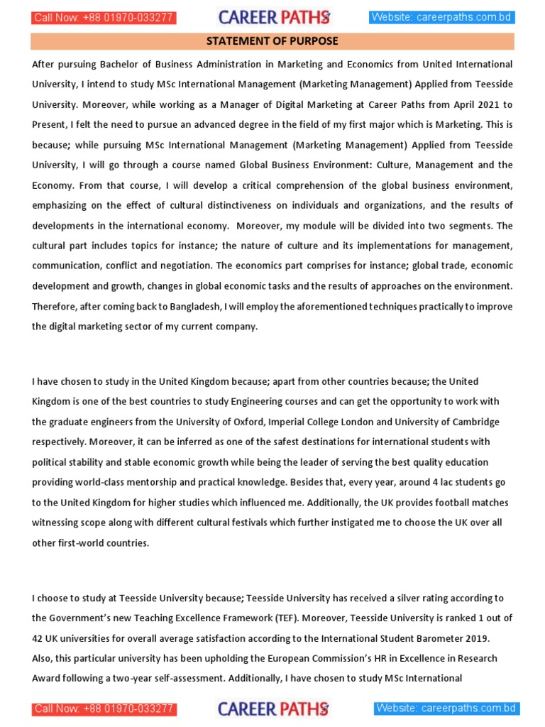 Sop Sample For Uk Student Visa | PDF | Marketing | University