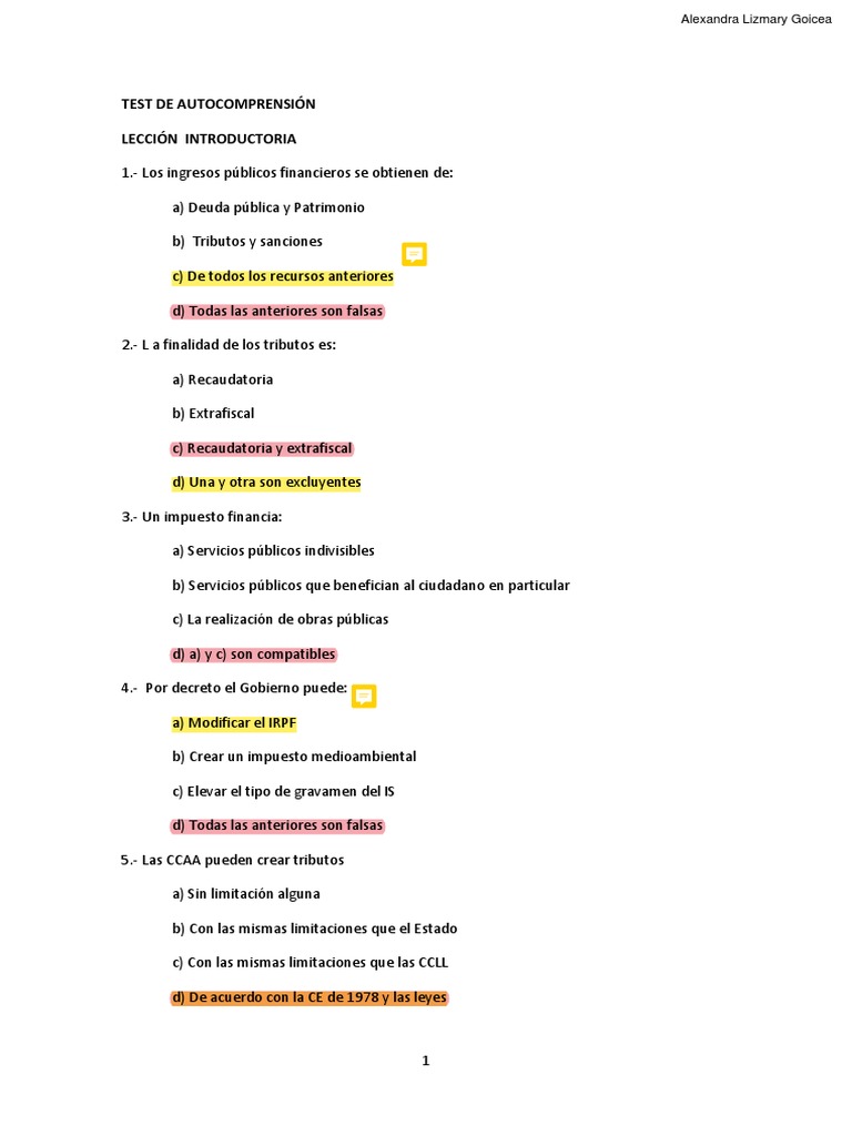 Test de Autocomprensión. Lección Introductoria | PDF