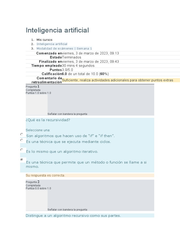 Examen Semana 1 Inteligencia Artificial | PDF