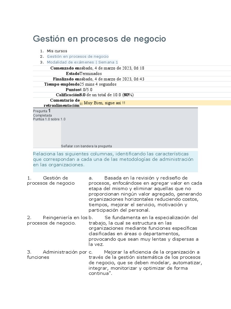 Examen Semana 1 Gestión en Procesos de Negocio | PDF | Procesos de negocio | Gestión de ...