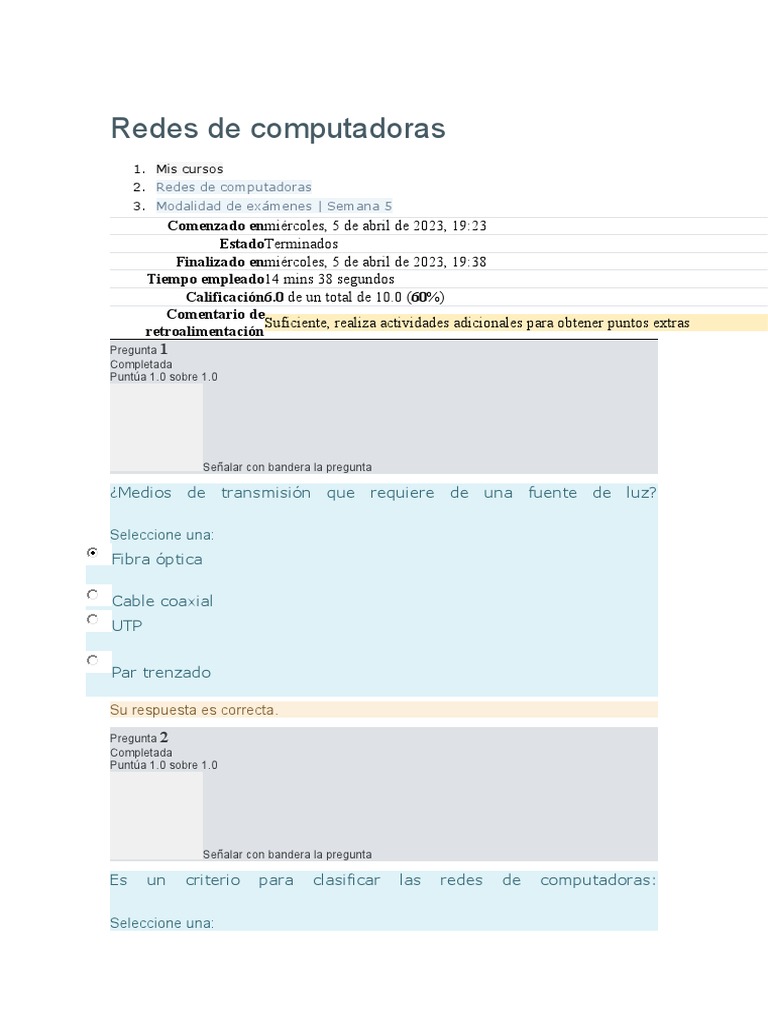 Examen Semana 4 Redes de Computadoras | PDF | Red de computadoras | Ethernet