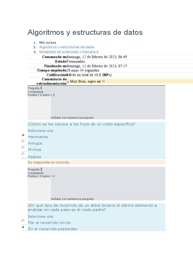 Examen Semana 6 Algoritmos Y Estructuras De Datos Pdf