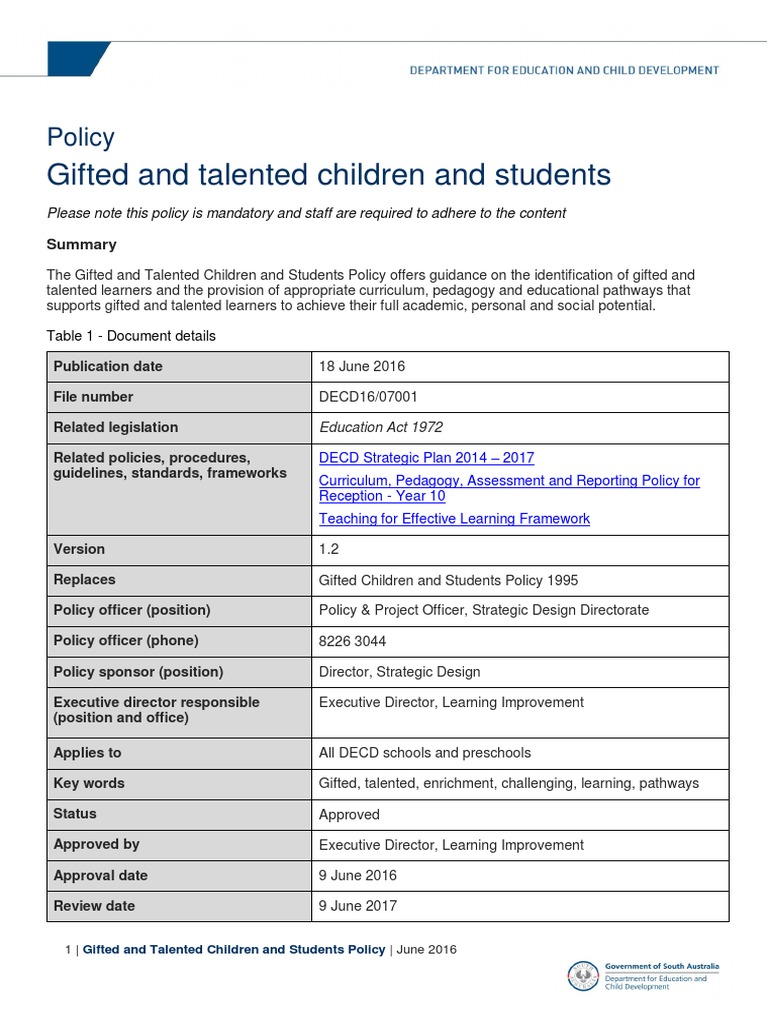 Gifted Talented Students Policy | PDF | Intellectual Giftedness ...