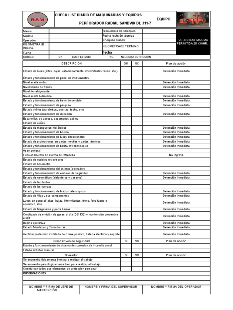 Check List Equipo Perforador Radial Sandvik DL 311-7 | PDF | Tecnología de vehículos ...