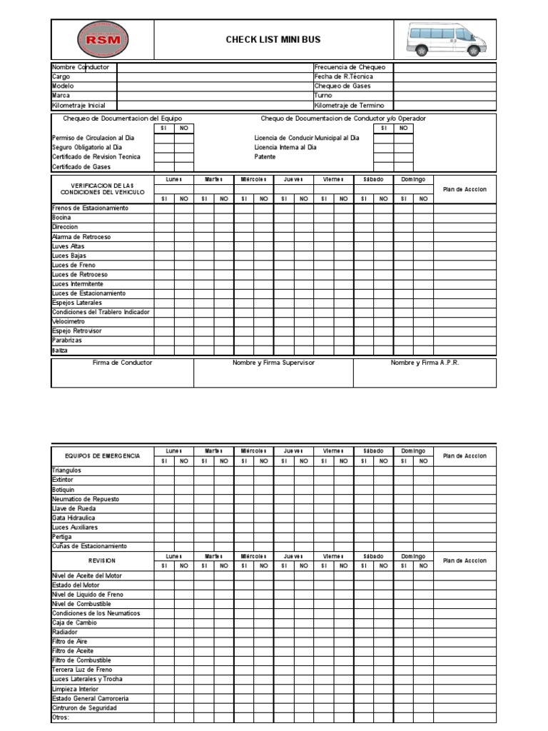 Check List Mini Bus RECOMIN | PDF | Industria automotriz | Coche