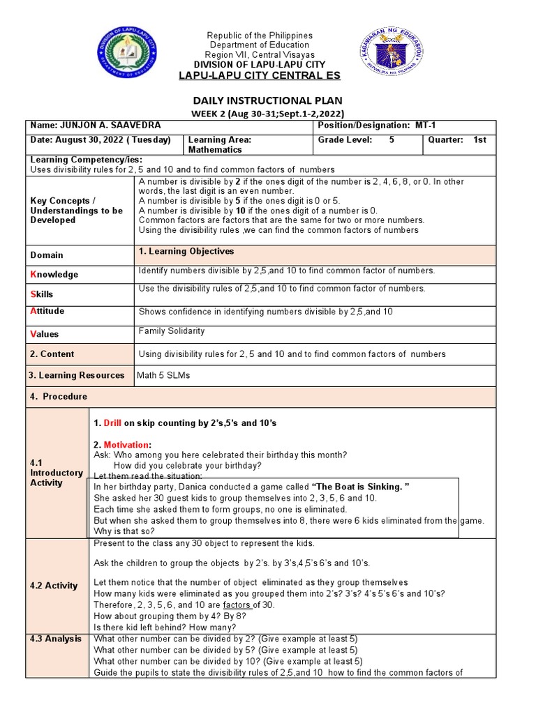 Grade 5 Divisibility Rules Lesson Plan | PDF | Learning | Numbers