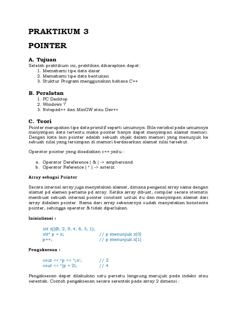 Panduan Praktikum Pointer C++ | PDF | Metode & Bahan Ajar | Teknologi & Rekayasa