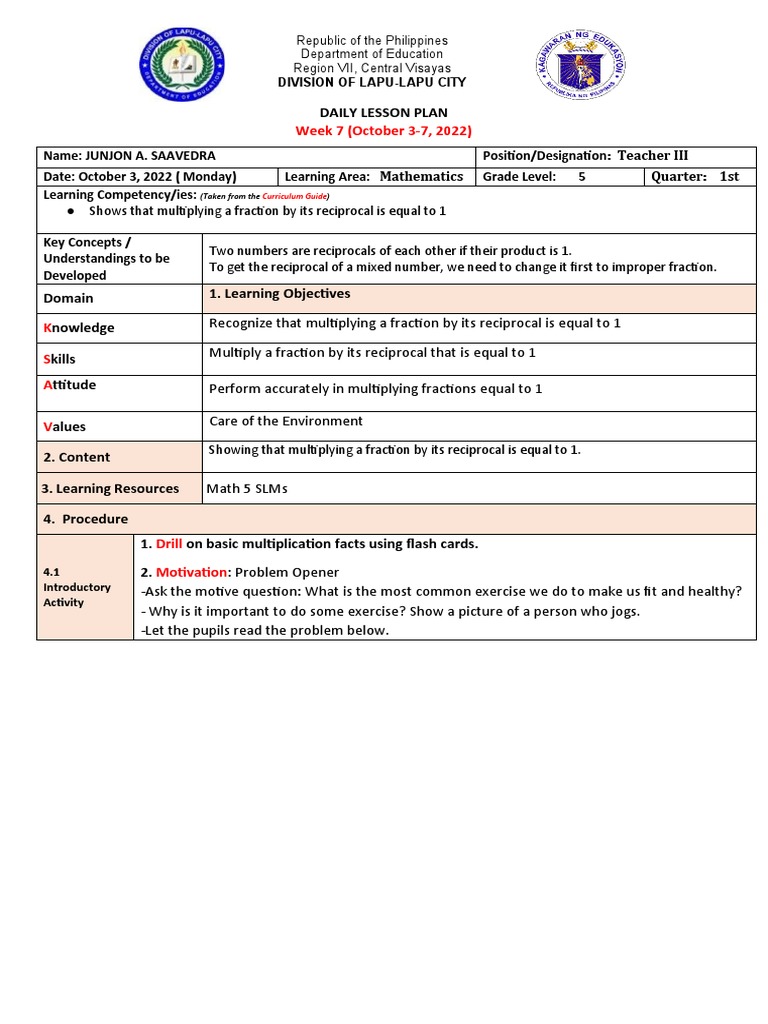 Grade 5 Math Lesson Plan: Week 7 | PDF
